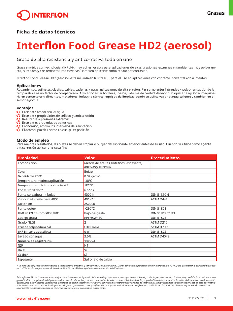 9174 TDS AR Es Interflon Food Grease HD2 Aerosol | PDF | Rodamiento ...