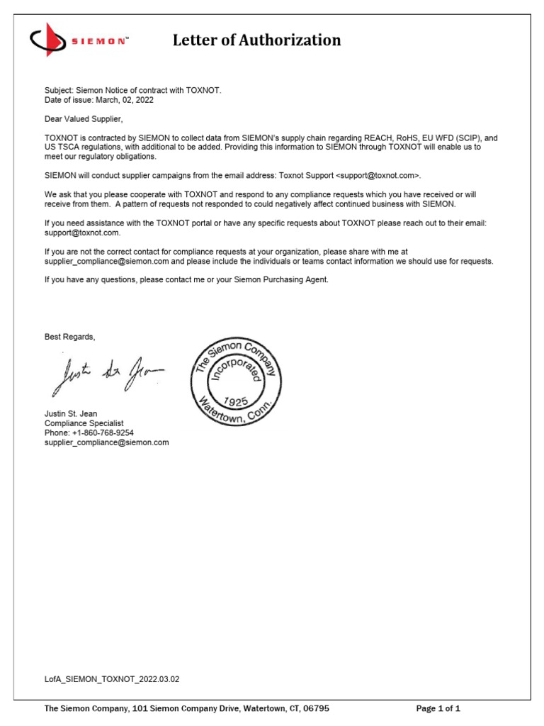 Siemon TOXNOT Compliance Authorization | PDF