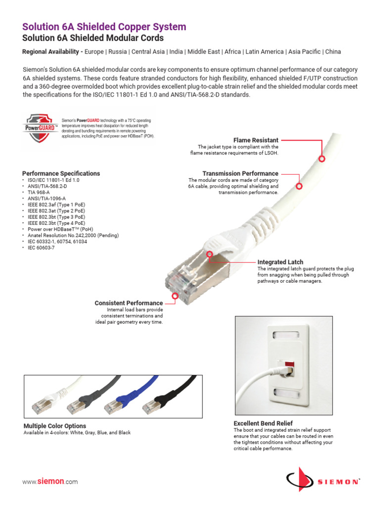 Siemon Solution 6a Shielded Modular Cords - Spec Sheet | PDF ...