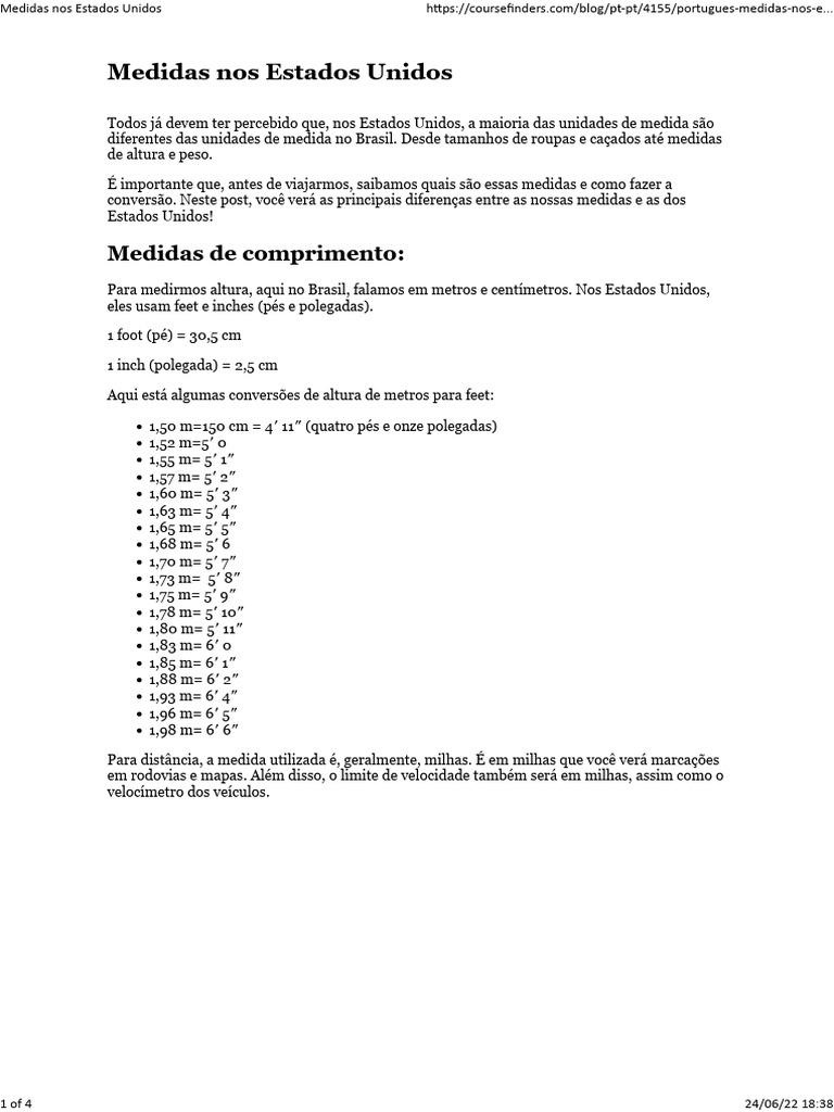 Medidas Nos Estados Unidos | PDF | Pé (unidade de medida) | Quantidade