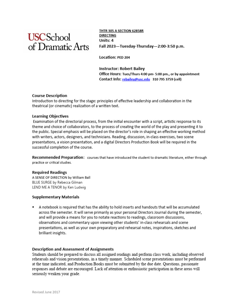 THTR 305A: Directing Course Syllabus | PDF | Academic Dishonesty | Psychotherapy