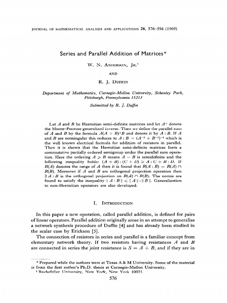 1-Series and Parallel Addition of Matrices PDF | PDF | Matrix ...
