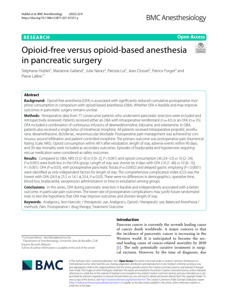 Opioid-Free Versus Opioid-Based Anesthesia in Pancreatic Surgery BMC ...