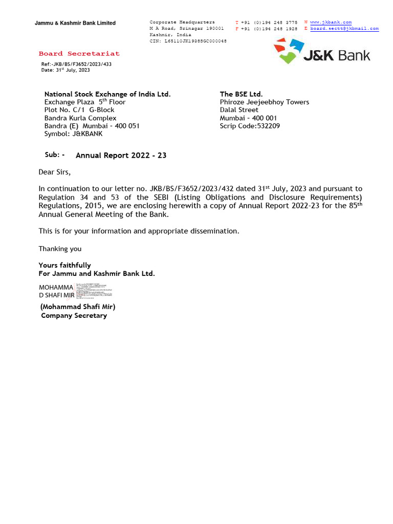 J K Bank Annual Report 2022 23 Pdf Securities Finance Stocks