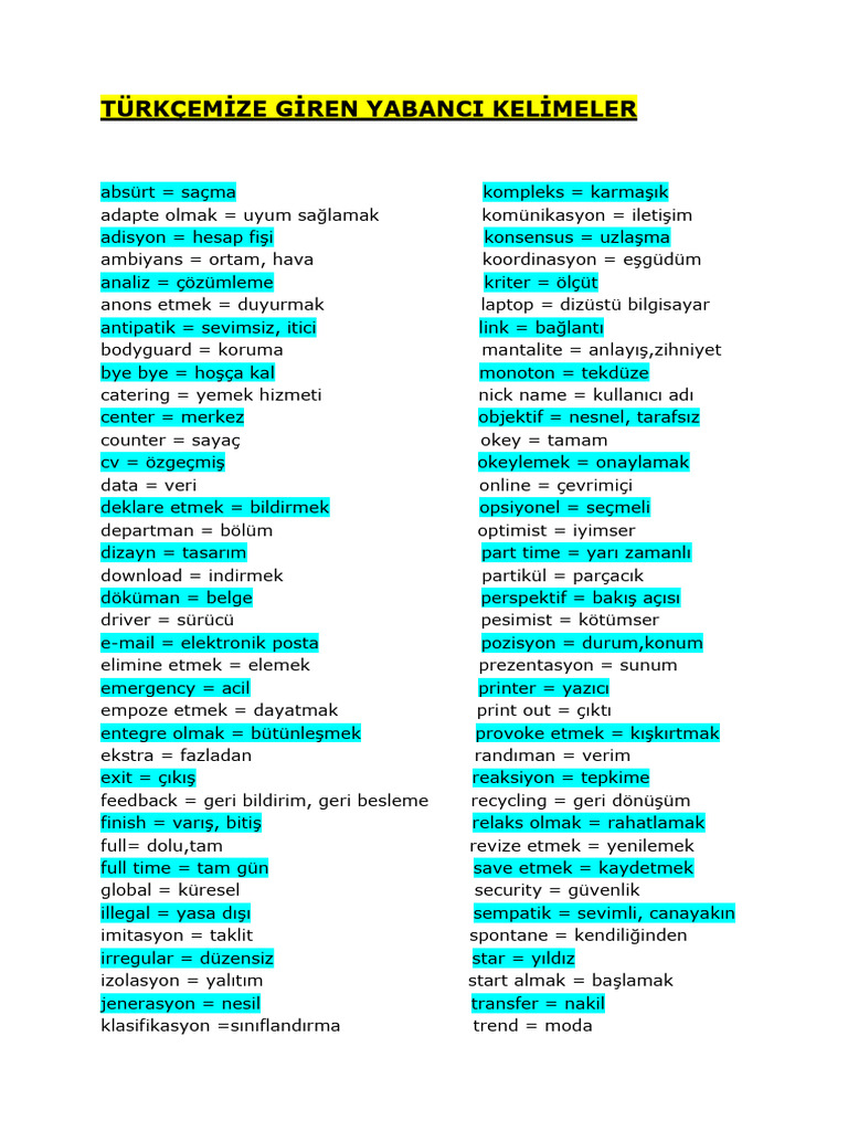 Turkcemyze Gyren Yabanci Kelymeler Word Dosyasi | PDF