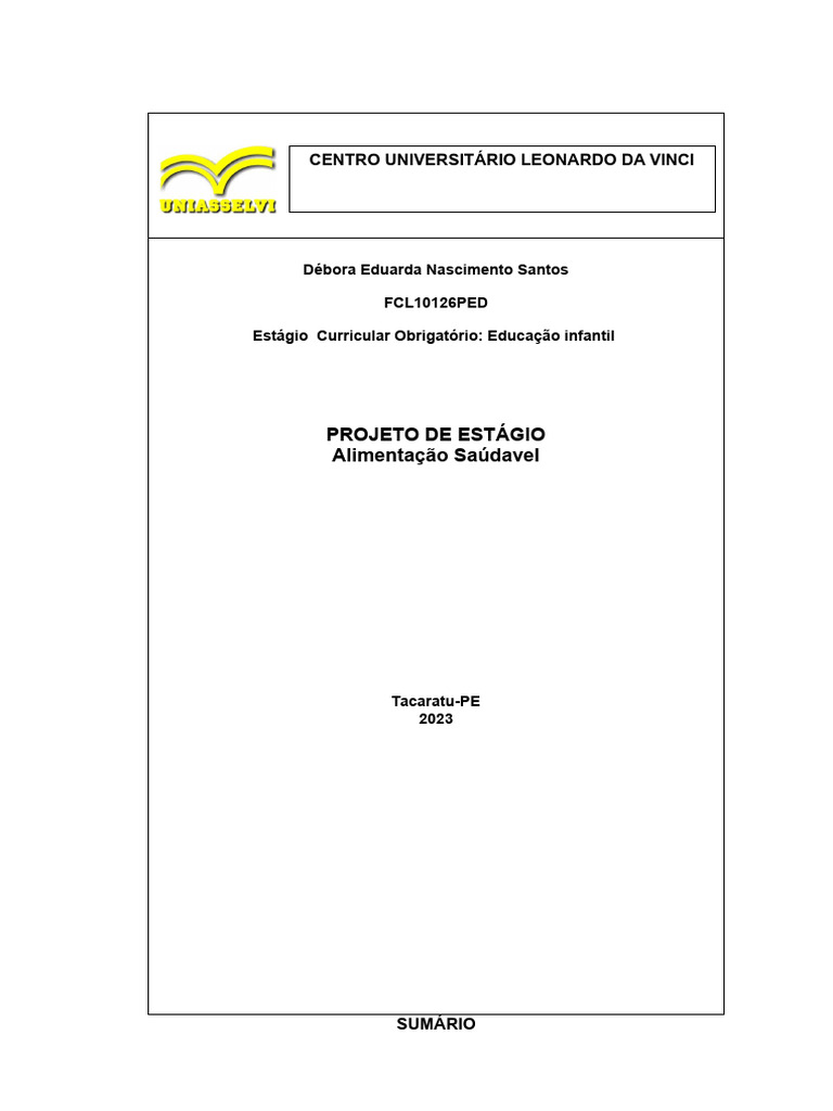 Projeto Estagio De Estagio Pdf Escolas Alimentos
