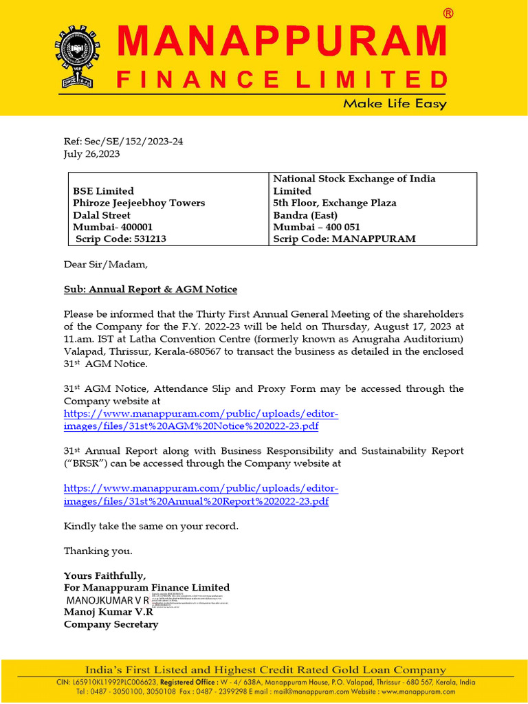 Mannapuram Finance | PDF | Employee Benefits | Electronic Voting