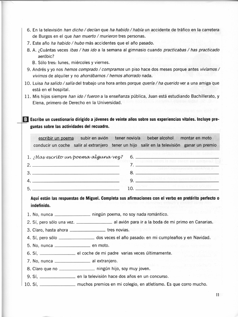 B2 Preteritos Indefinido Perfecto Imperfecto Pluscuamperfecto Escribe ...