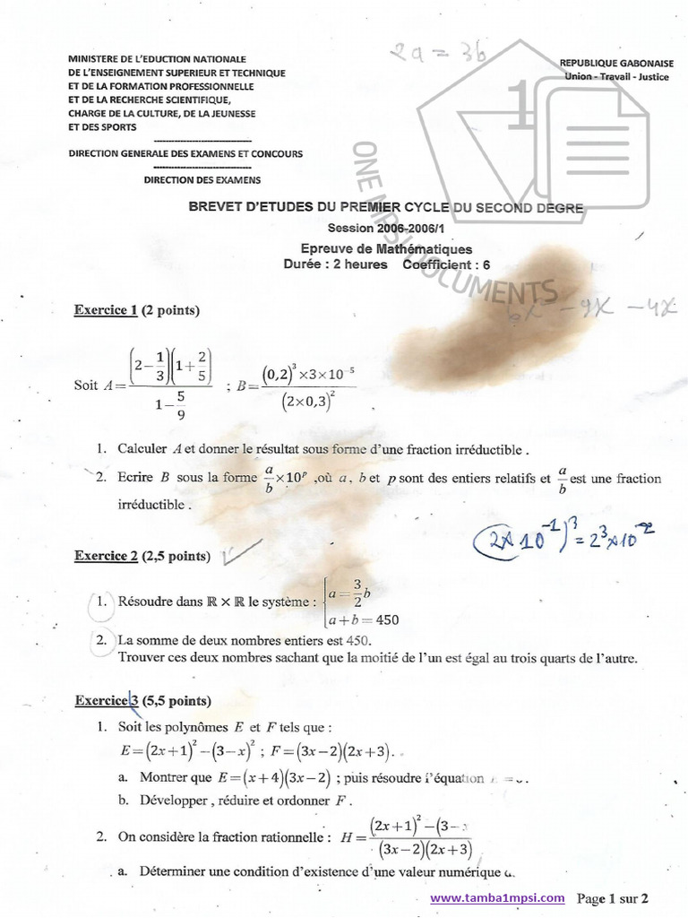 Bepc 2006 Gabon Maths | PDF