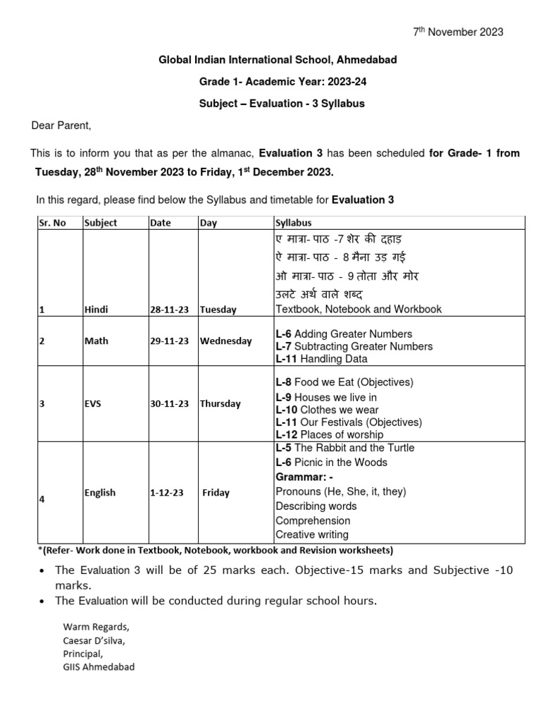 EV 3 Grade 1 Syllabus | PDF