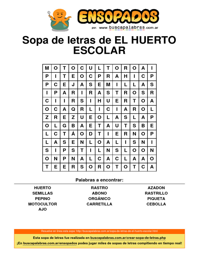 Sopa de Letras de El Huerto Escolar | PDF