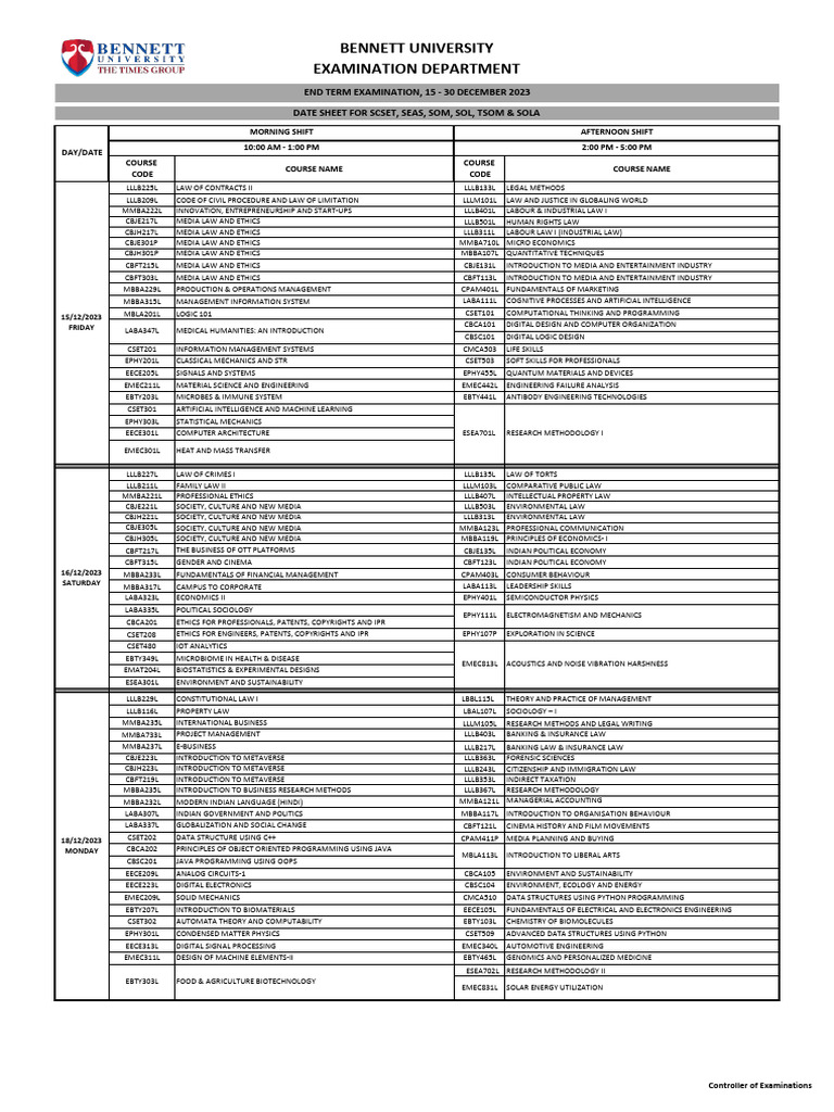 Final Date Sheet For Odd Semester End Term Examination December 2023 ...