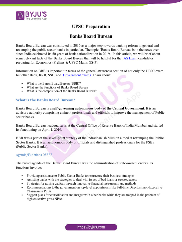 Banks Board Bureau UPSC Notes | PDF | Reserve Bank Of India | Banks