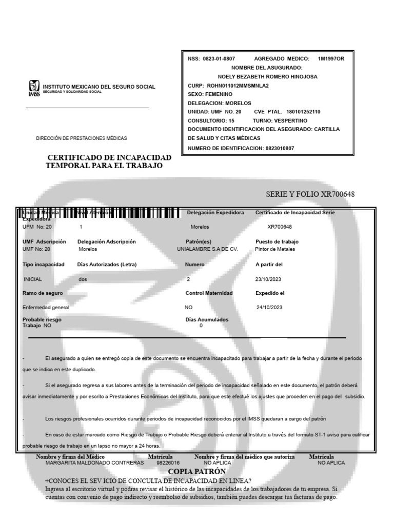 Certificado de Incapacidad Temporal IMSS | PDF