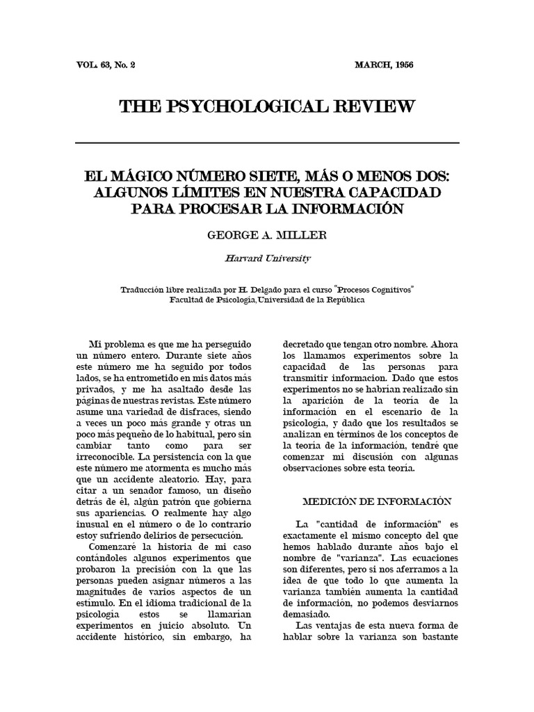 George Miller - El Mágico Número Siete | PDF | Experimentar | Información