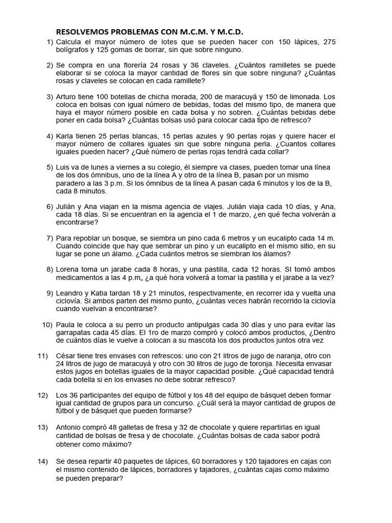 ficha de actividades _Resolver problemas con MCD (1) | PDF