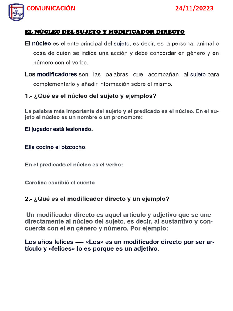 EL NUCLEO DEL SUJETO Y MODIFICADOR DIRECTO 1 | PDF