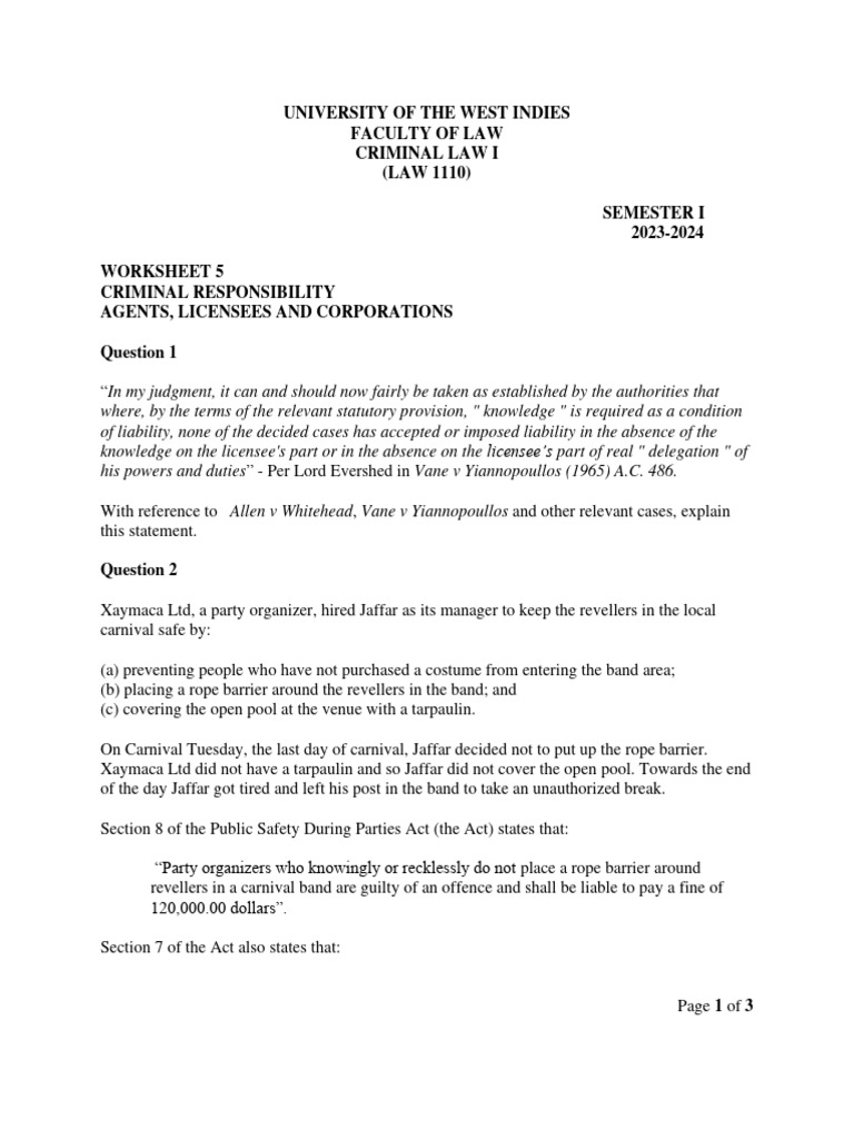 Crim 1 LAW 1110 Worksheet 5 2023-2024 | PDF | Legal Liability | Common Law