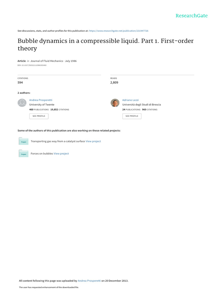 Bubble Dynamics in A Compressible Liquid. Part 1. First-Order Theory ... Bubble Dynamics in A Compressible Liquid. Part 1. First-Order Theory ...