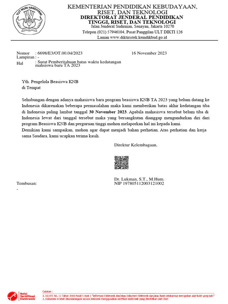 Surat Pemberitahuan Batas Waktu Kedatangan MABA KNB 2023 | PDF
