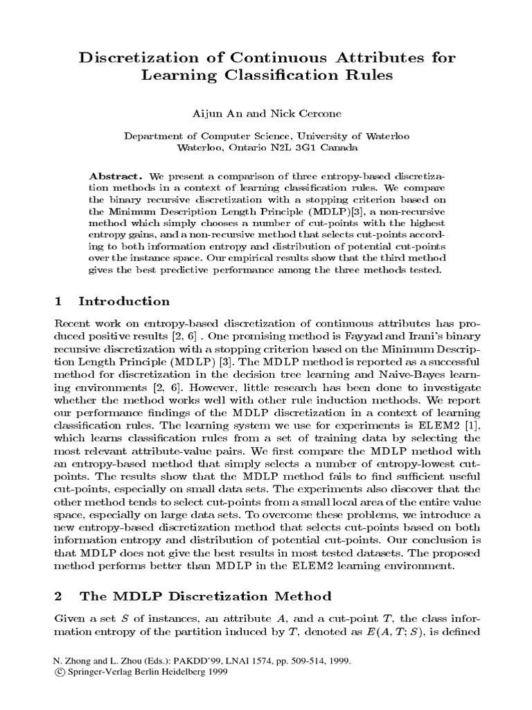Discretization Of Continuous Attributes For Learning Classification Rules Pdf Systems