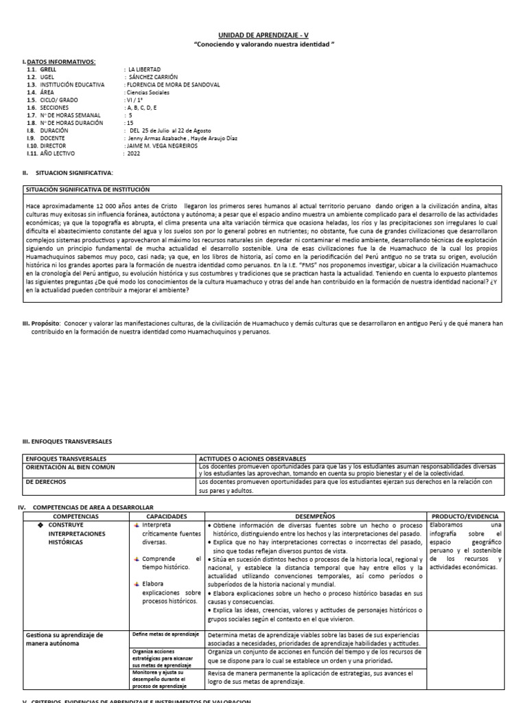 5° - UNIDAD DE APRENDIZA 1° grado | PDF | Aprendizaje | Perú