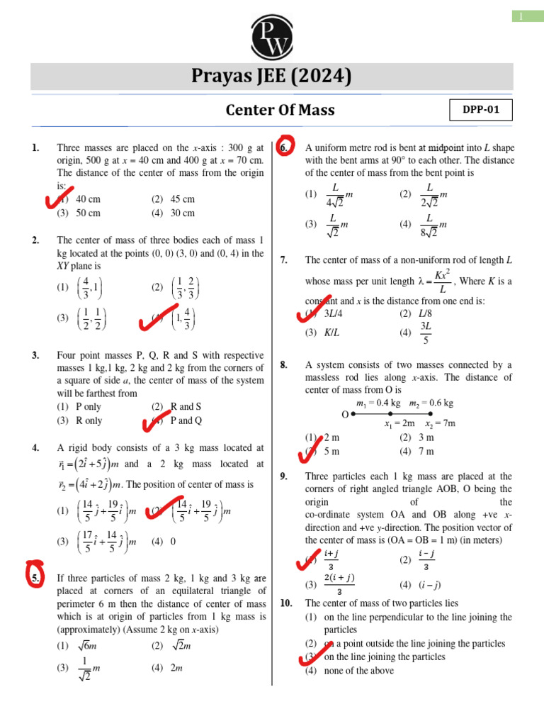 Prayas JEE (2024) : Center of Mass | PDF | Center Of Mass | Mathematical Physics