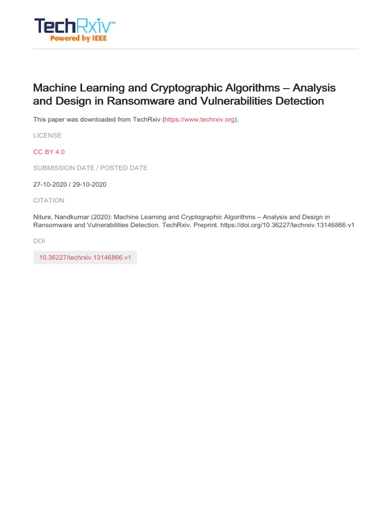 Machine Learning And Cryptographic Algorithms Analysis And Design In Ransomware And 
