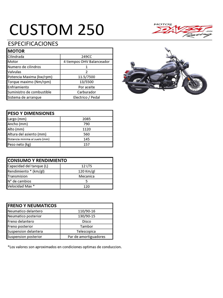 FICHA-TECNICA-CUSTOM-250 (1) | PDF