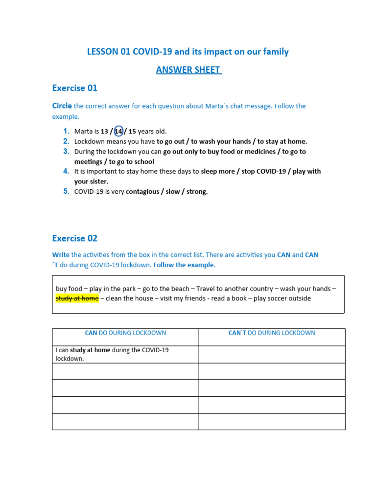 Lesson 01 ANSWER SHEET | PDF