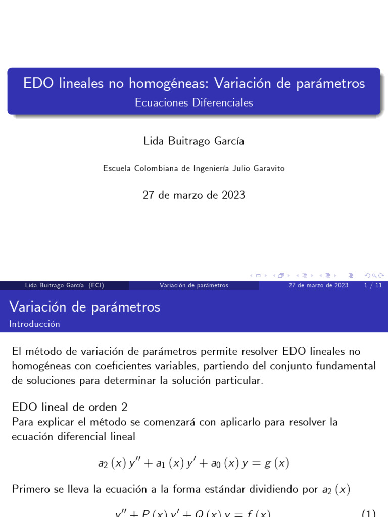 P EDO No Homogeneas Variacion Parametros | PDF | Ecuaciones | Ecuaciones diferenciales