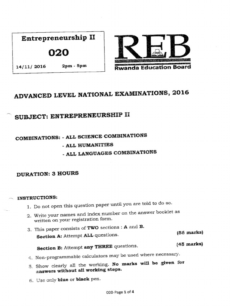 2016 Entrepreneurship Past Paper | PDF