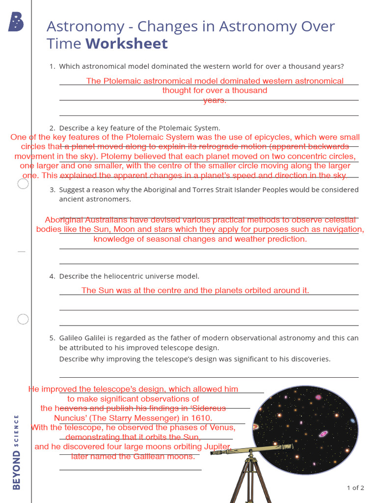 Astronomy - Changes in Astronomy Over Time Worksheet (MA) | PDF ...