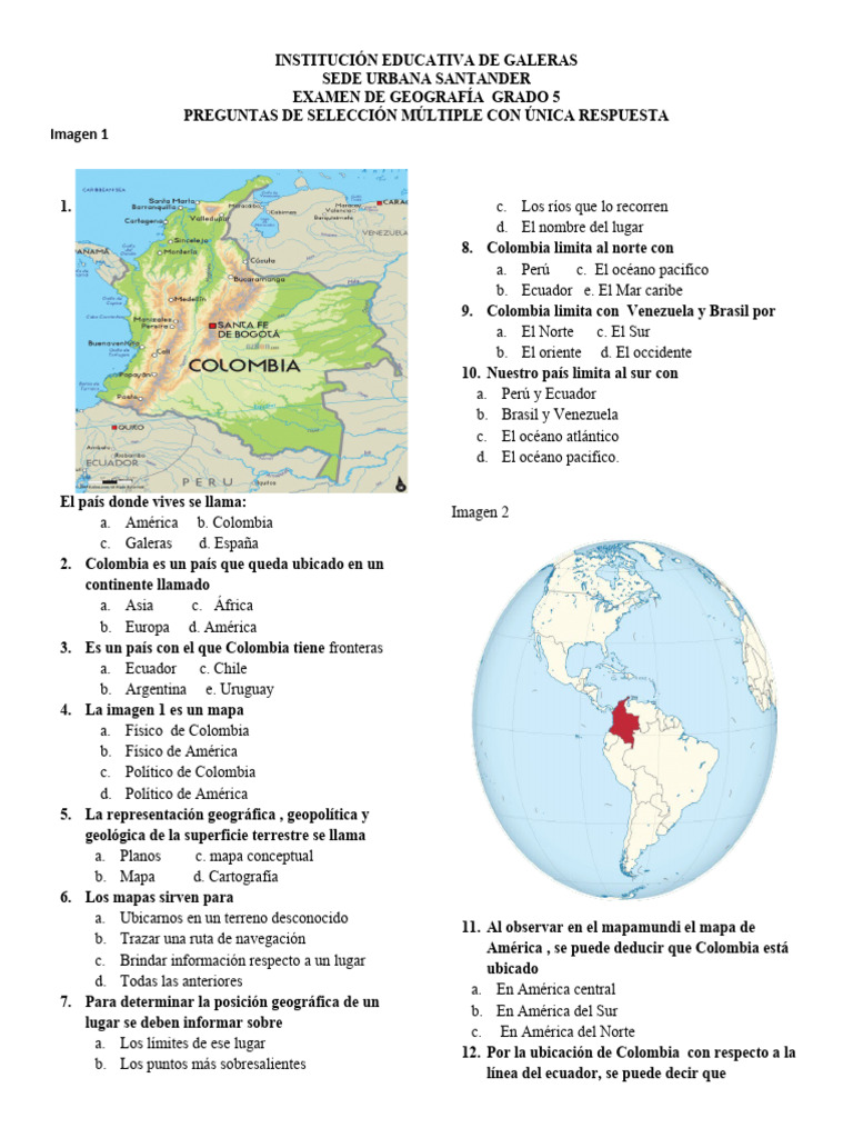 Examen de Geografía: Ubicación de Colombia | PDF | Américas | Mapa