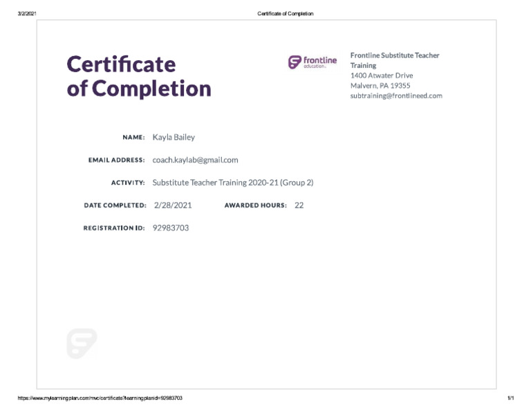 Certification of Completion - Frontline Substitute Teacher Training | PDF
