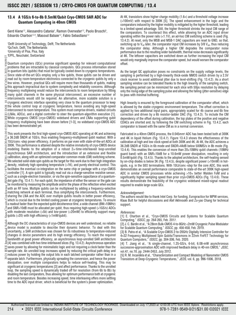 13.4 A 1GS S 6-To-8b 0.5mW Qubit Cryo-CMOS SAR ADC For Quantum ...