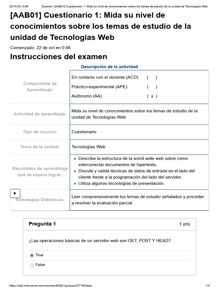 (AAB01) Cuestionario 1 - Mida Su Nivel de Conocimientos Sobre Los Temas de Estudio de La Unidad ...