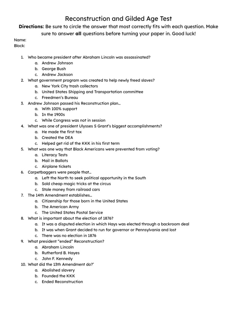 Modified Reconstruction Gilded Age Test | PDF | Reconstruction Era ...