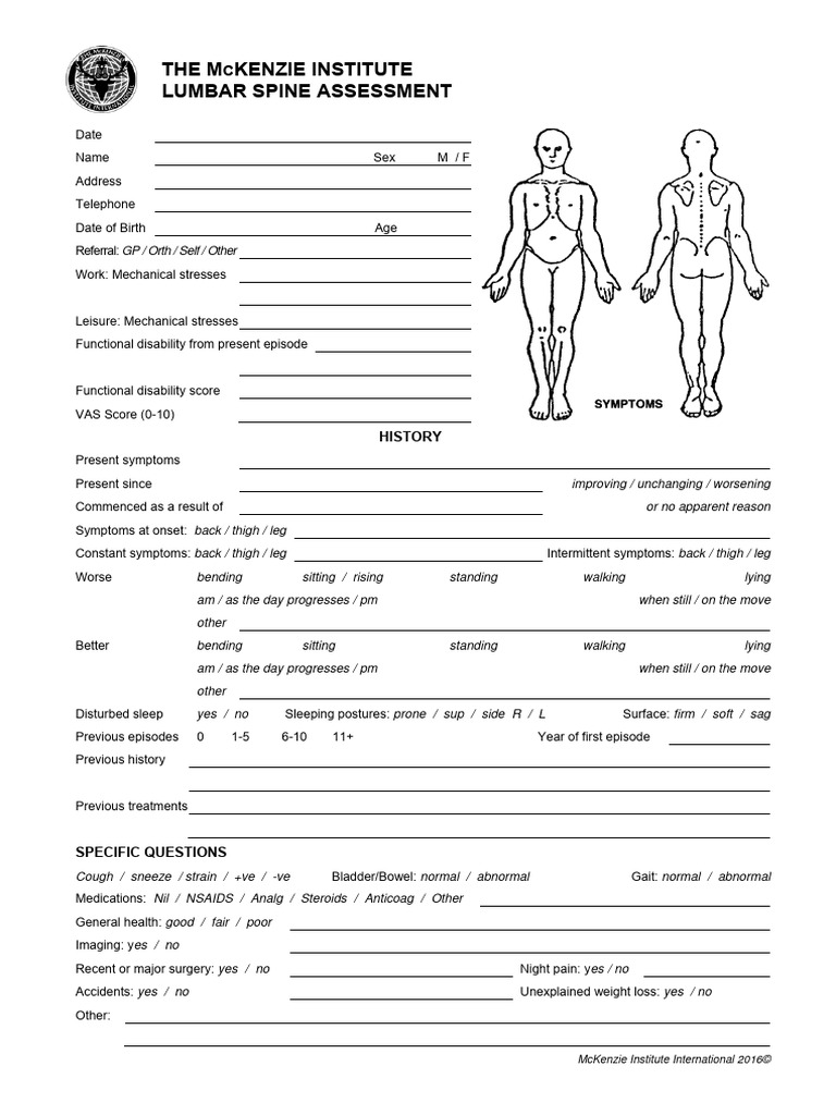 McKenzie Lumbar Spine Assessment Form | PDF | Clinical Medicine ...
