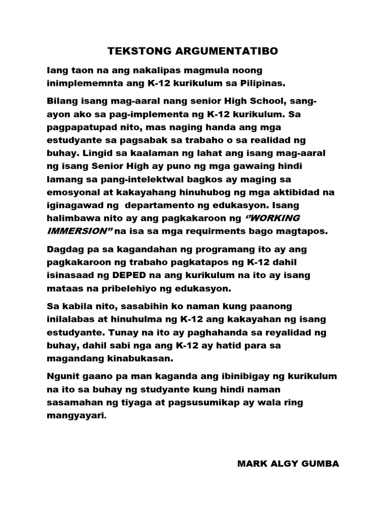 Tekstong Argumentatibo | PDF