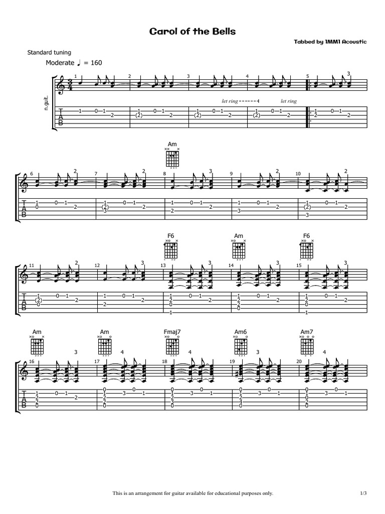 Carol - of - The - Bells TAB NOT | PDF | Guitar Family Instruments ...