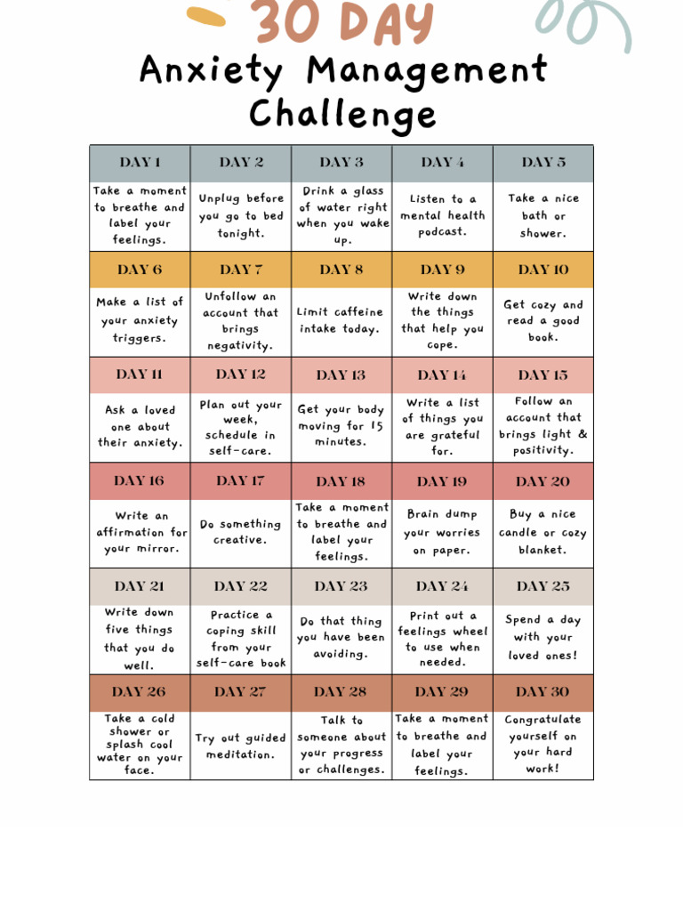 Anxiety Management Challenge: Day 1 Day 2 Day 3 Day 4 Day 5 | PDF ...