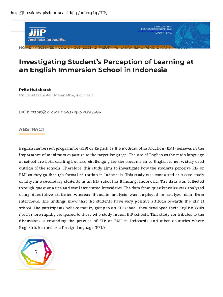 Investigating Student's Perception of Learning at An English Immersion School in Indonesia ...