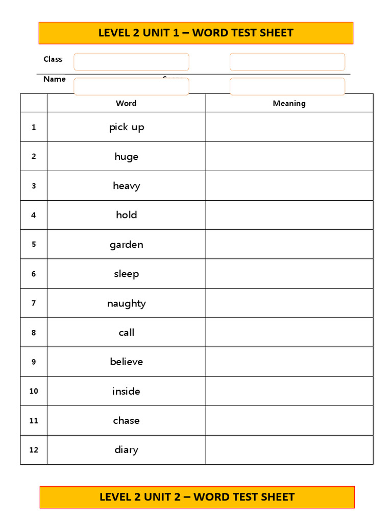 Level 2 Vocabulary Word Test Sheets | PDF