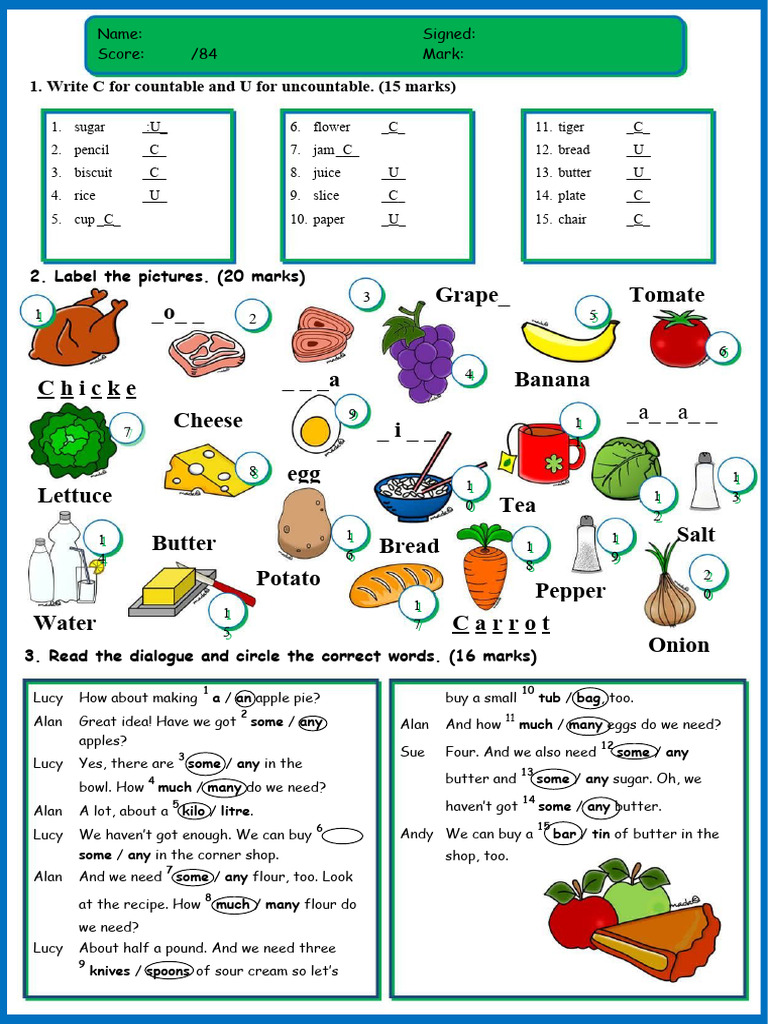 Food Test Countableuncountableaansomeanyfood Vocab Fun Activities Games ...
