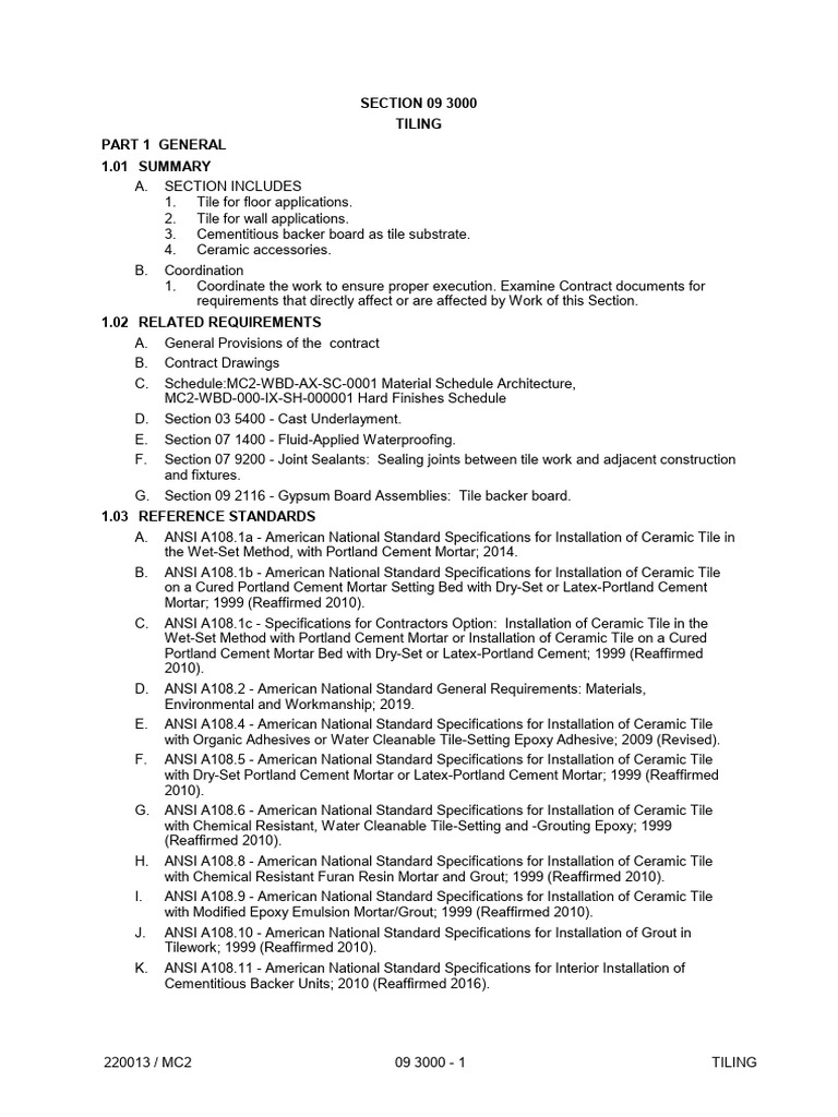 09 3000 Tiling Specifications | PDF | Tile | Flooring