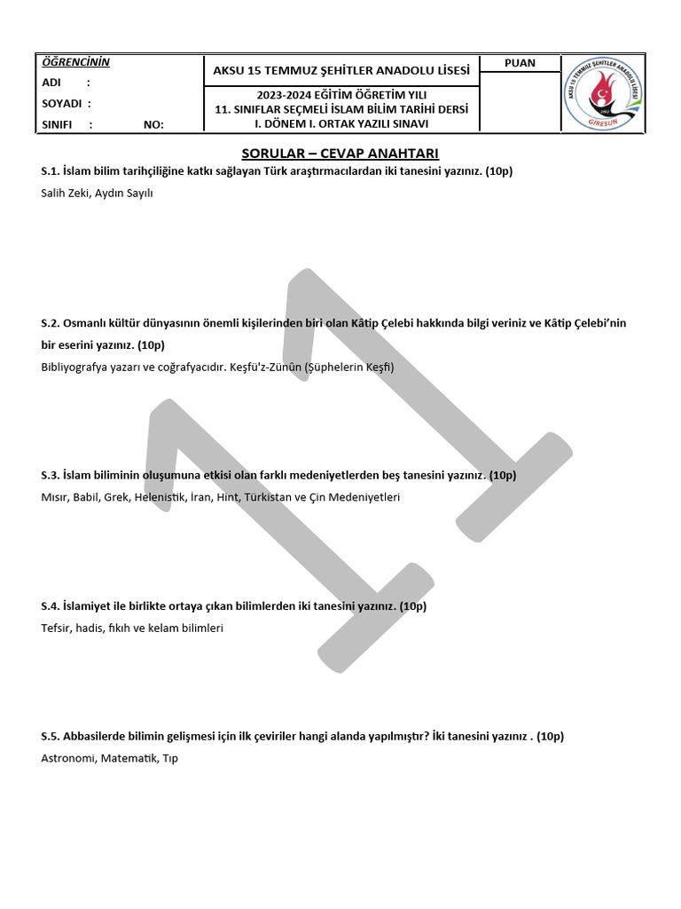 11.sinif İslam Bi̇li̇m Tari̇hi̇ 1.dönem 1.yazili Cevap Anahtari | PDF