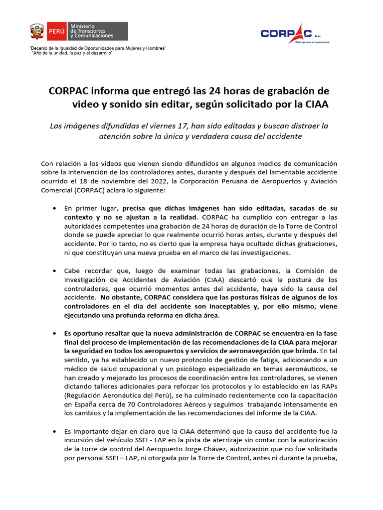 Comunicado Corpac sobre imágenes de controladores | PDF | Aviación