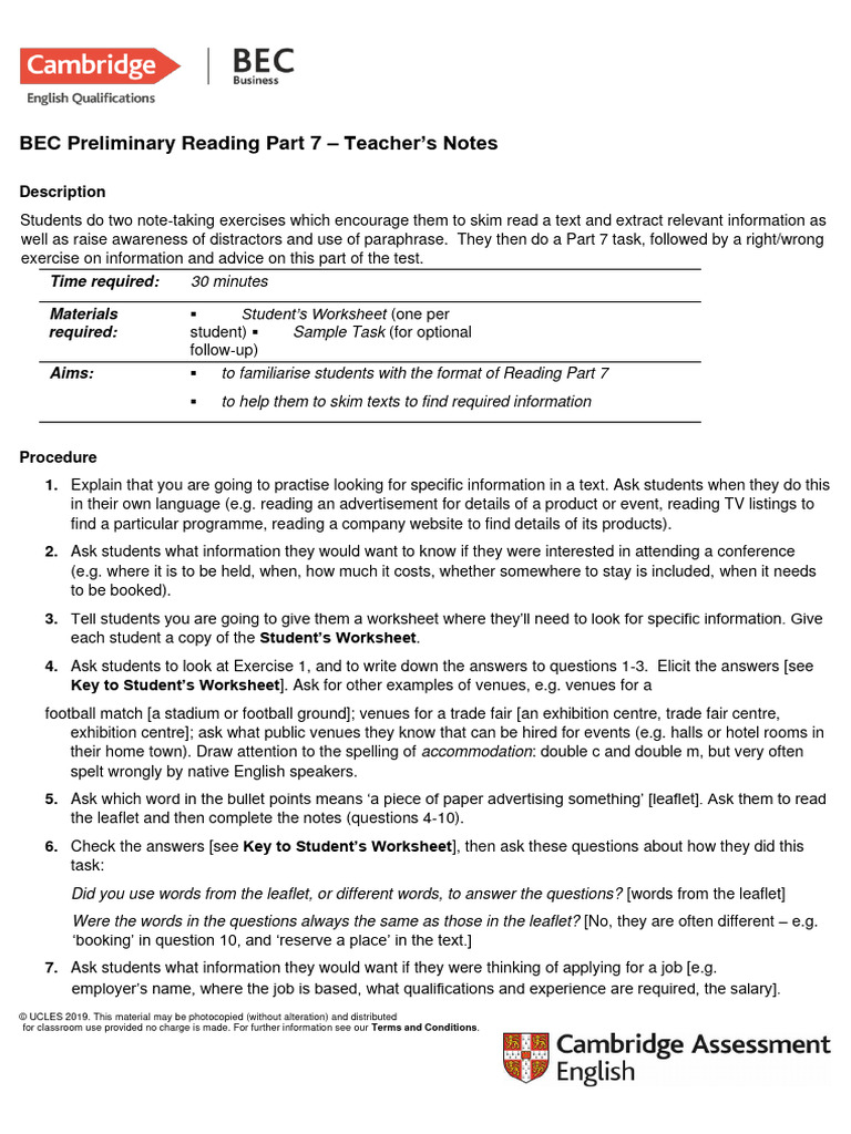 Cambridge English Business Preliminary Bec Preliminary Reading Part 7 | PDF | Question | Worksheet