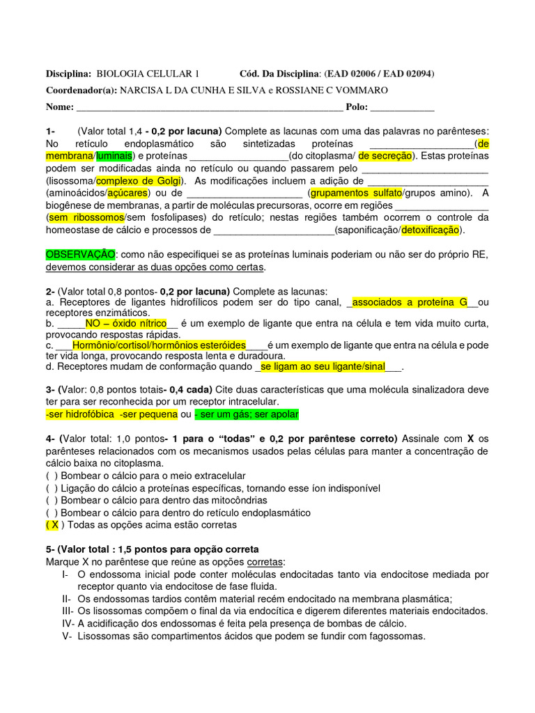 Gabarito Ap2 BC1 2023 2 | PDF | Chaperona | Lisossoma